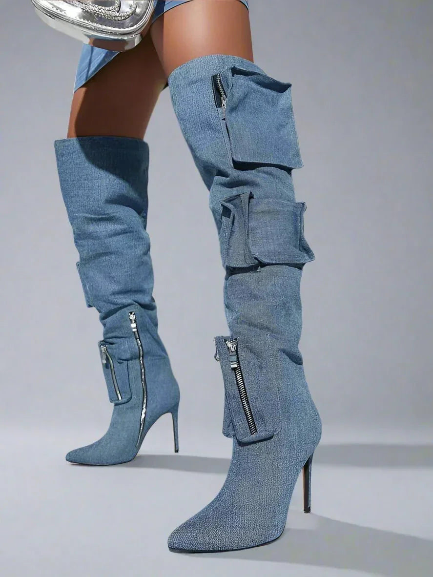 Denim Stiletto Boots | Prima Dons 10cm Heel Thigh High – Prima Dons ...