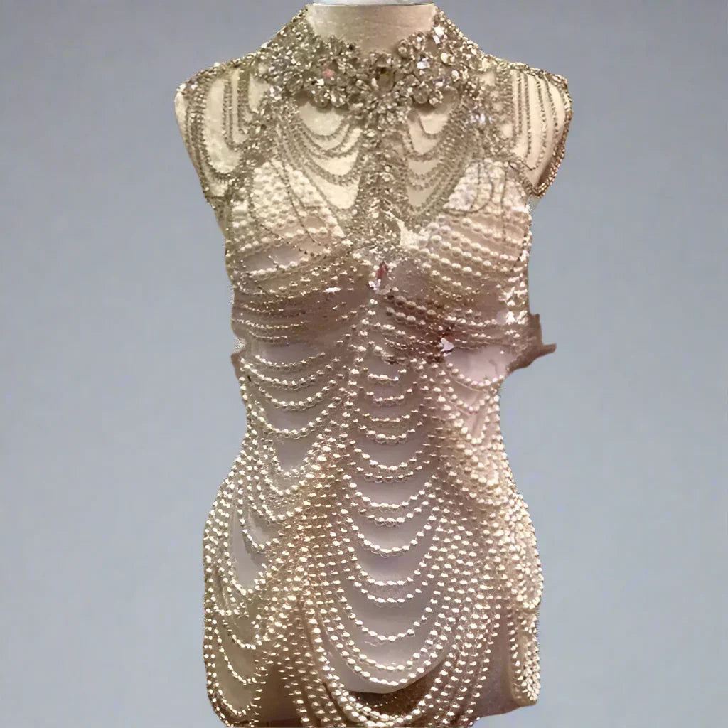 Pearl Chain Dress - Luxury Drape Style Cocktail Dress With Gold Plated ...