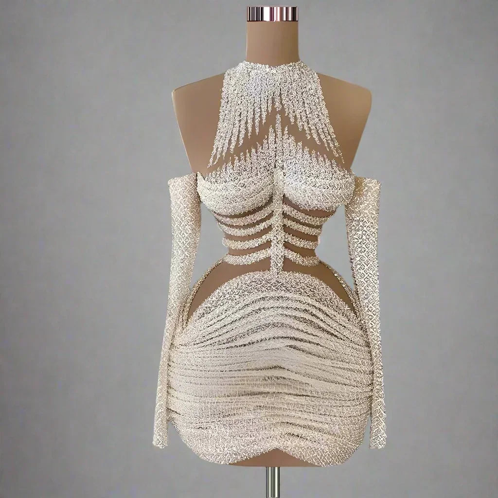 Beaded Crystal Dress - Mini Party Dress With Gold Beadwork Design & 3D ...